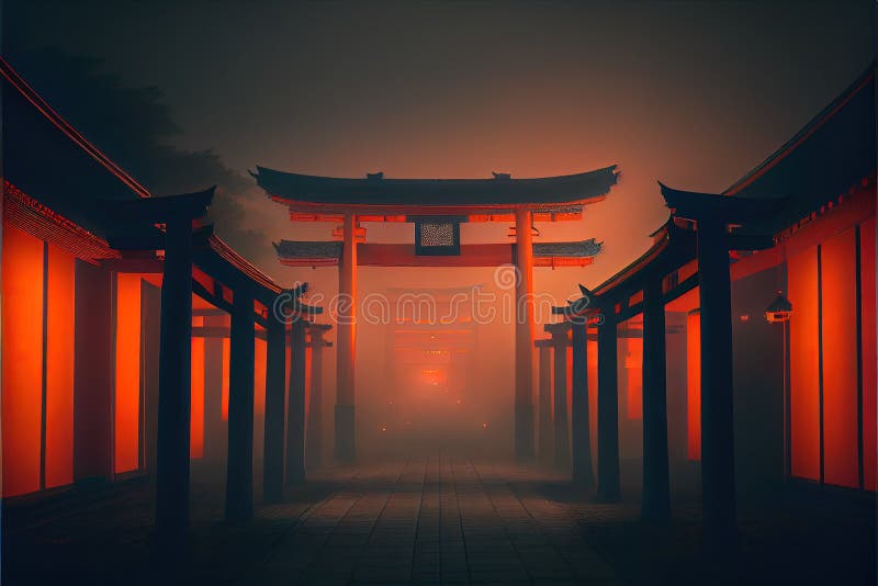 AI Generated Illustration of a Japanese Shrine Covered in Fog at Night ... AI Generated Illustration of a Japanese Shrine Covered in Fog at Night ...