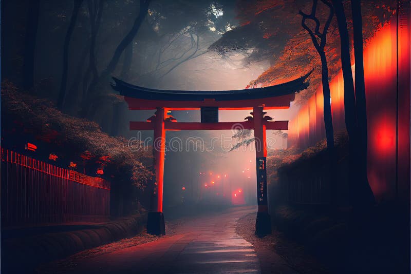 AI Generated Illustration of a Japanese Shrine in a Foggy Park at Night ... AI Generated Illustration of a Japanese Shrine in a Foggy Park at Night ...