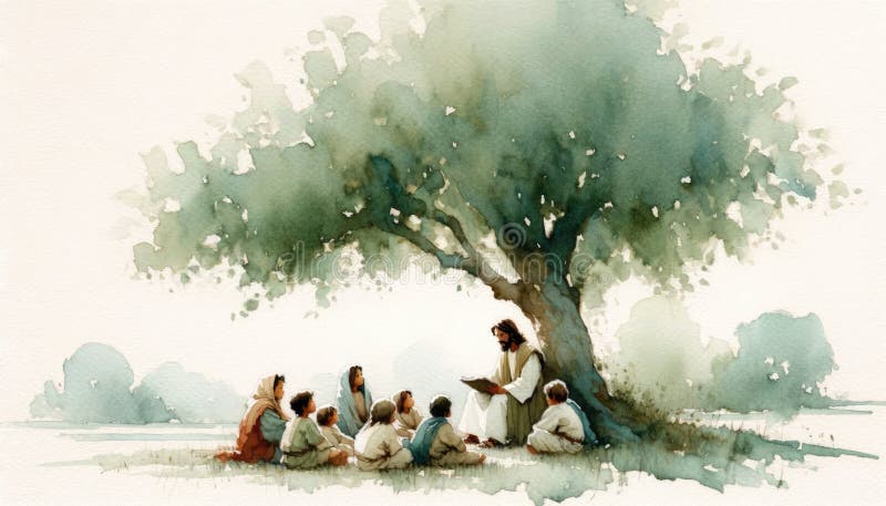 Jesus Teaching Children Under a Tree Stock Illustration - Illustration ...