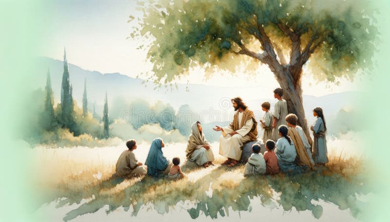 Jesus Teaching Children Under a Tree Stock Illustration - Illustration ...