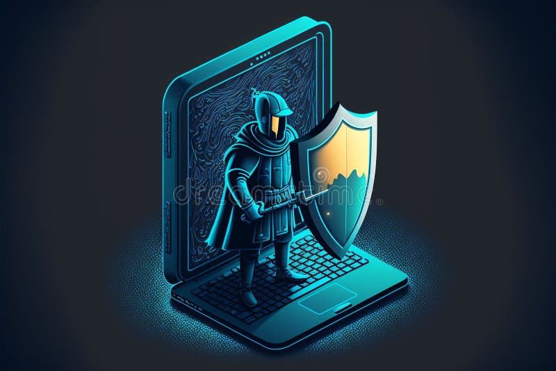 AI Generated Illustration of a Knight Displaying a Shield Atop a Laptop ...