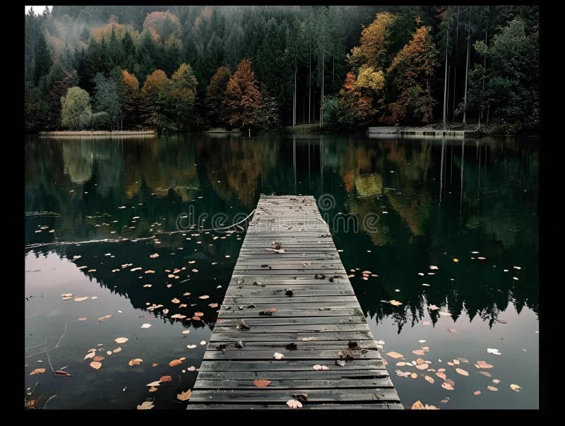 AI Generated Illustration of a Lakeside Dock Enveloped by Vibrant ...