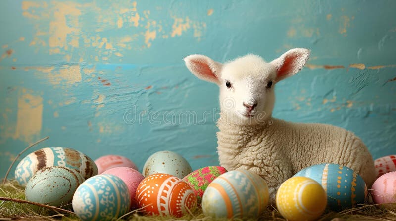 AI Generated Illustration of a Lamb Seated beside Easter Eggs in Its ...