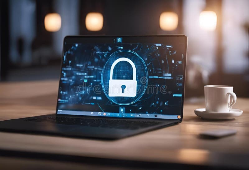 A Laptop Computer with a Lock on the Screen, on a Table Stock ...