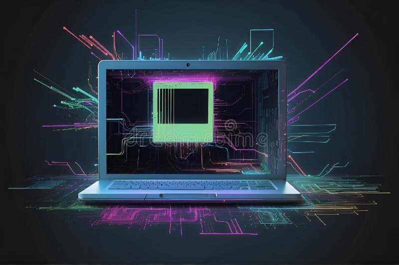 A Laptop Computer on Top of a Table with Many Technological Lines Stock ...