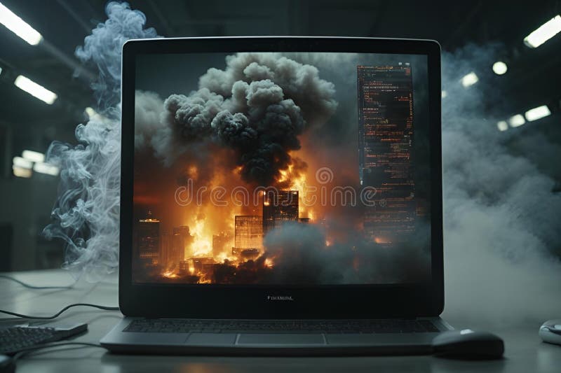 A Laptop Computer Set on Top of a Table, with Smoke Coming Out of the ...