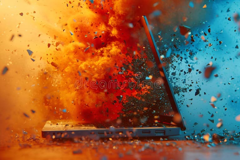 AI Generated Illustration of Laptop Exploding and Emitting Sparks in a ...