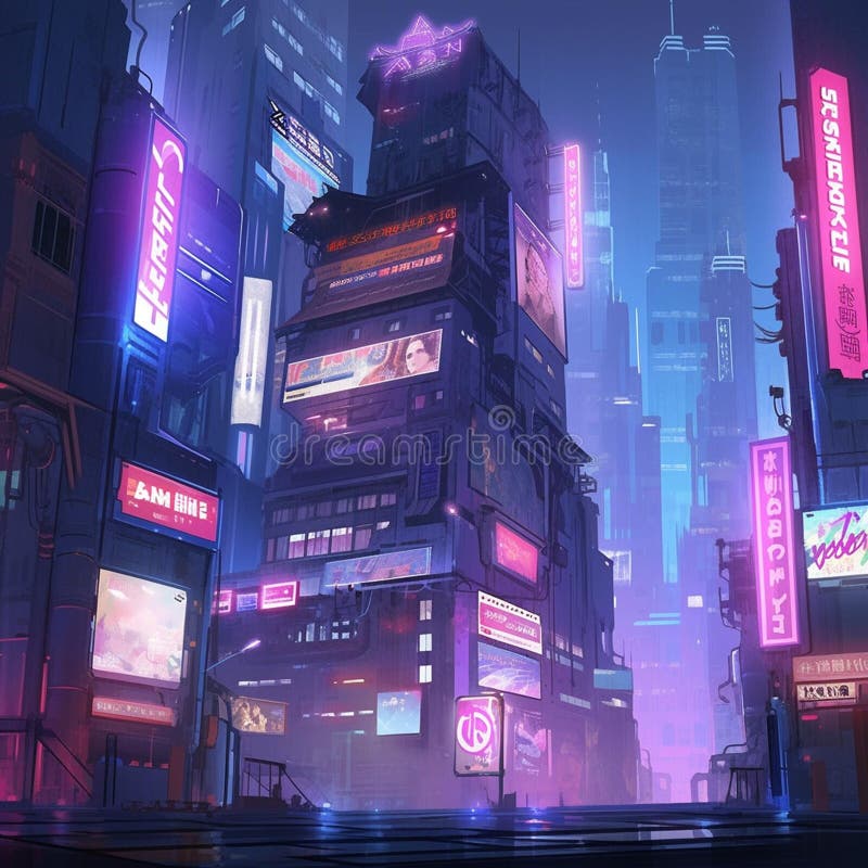 AI Generated Illustration of a Large Building Illuminated by Neon ...