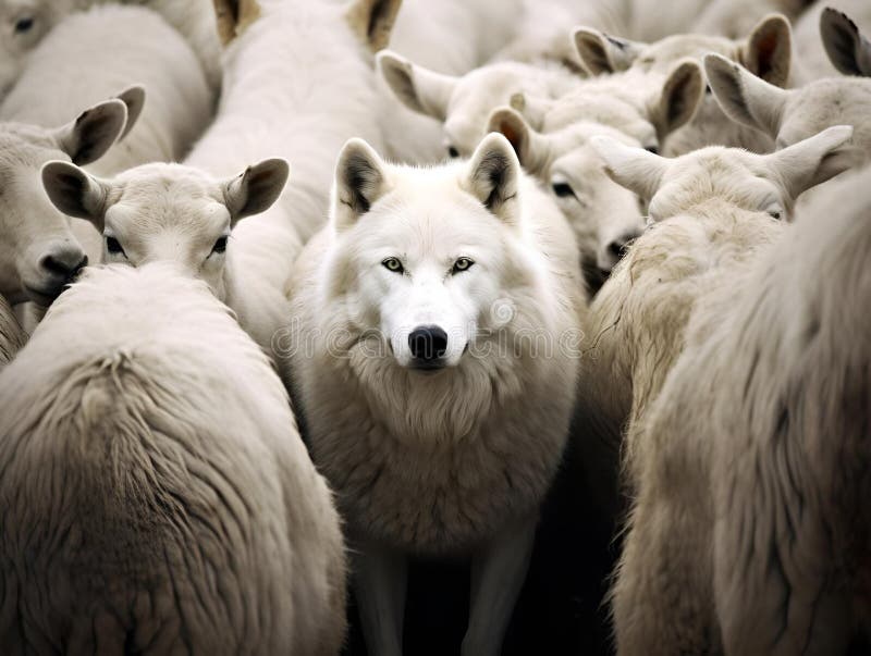 AI Generated Illustration of a Large Group of White Sheep with One Wolf ...