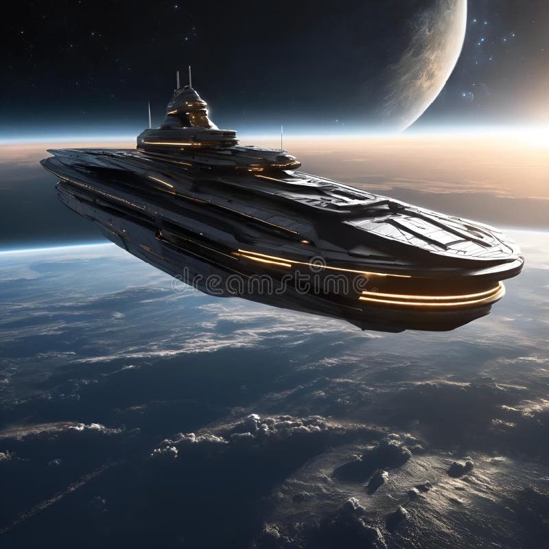 AI Generated Illustration of a Large Spacecraft Hovering Above a Blue Planet Stock Illustration ...