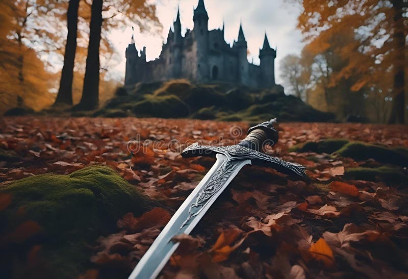 AI Generated Illustration of a Large Sword Resting on Orange Forest ...