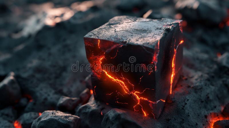 Iron Cube with Lava Inside Cracking Against Rocks. Stock Illustration ...