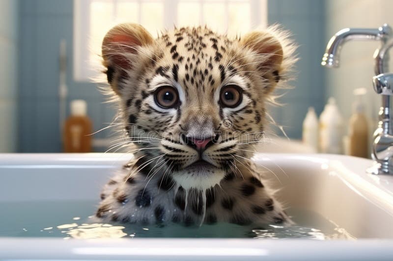 AI Generated Illustration of a Leopard Cub Taking a Bath Stock ...