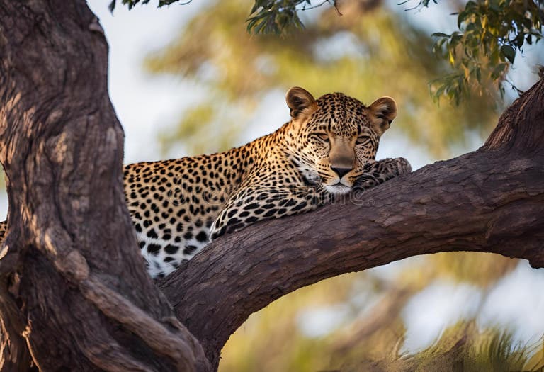 AI Generated Illustration of a Leopard Resting on a Tree, Vigilant for ...