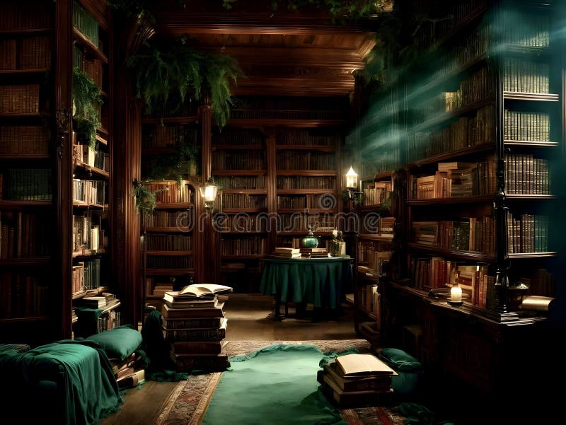 AI-generated Illustration of a Library Room Illuminated by a Dim Light ...