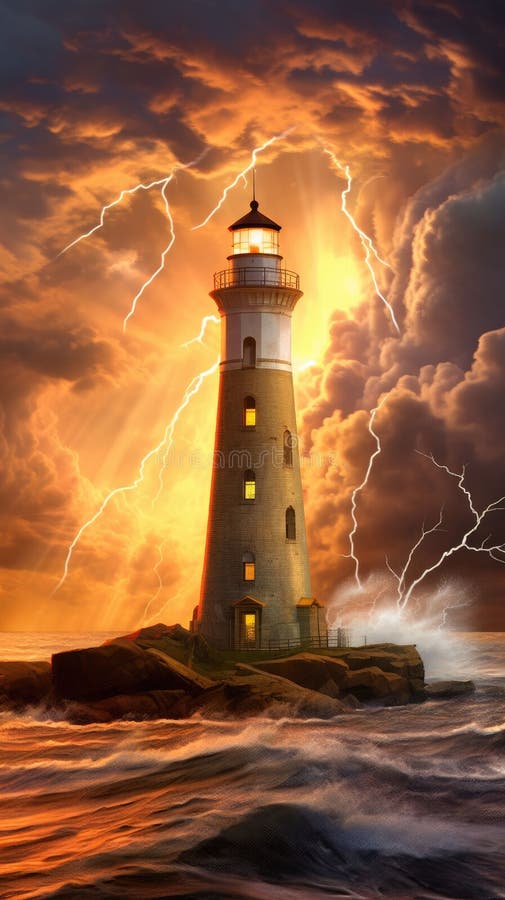 AI Generated Illustration of a Lighthouse on a Rocky Shoreline with a ...