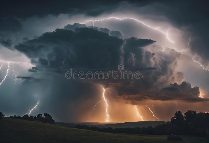 AI-generated Illustration of Lightning Strikes Against Dramatic Dark Clouds in the Sky Stock ...