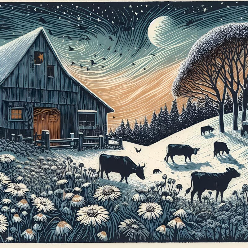 AI Generated Illustration of a Linocut Rural Scene Stock Photo - Image ...