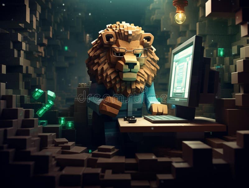 AI Generated Illustration of a Lion Against a Computer in Pixels Stock ...