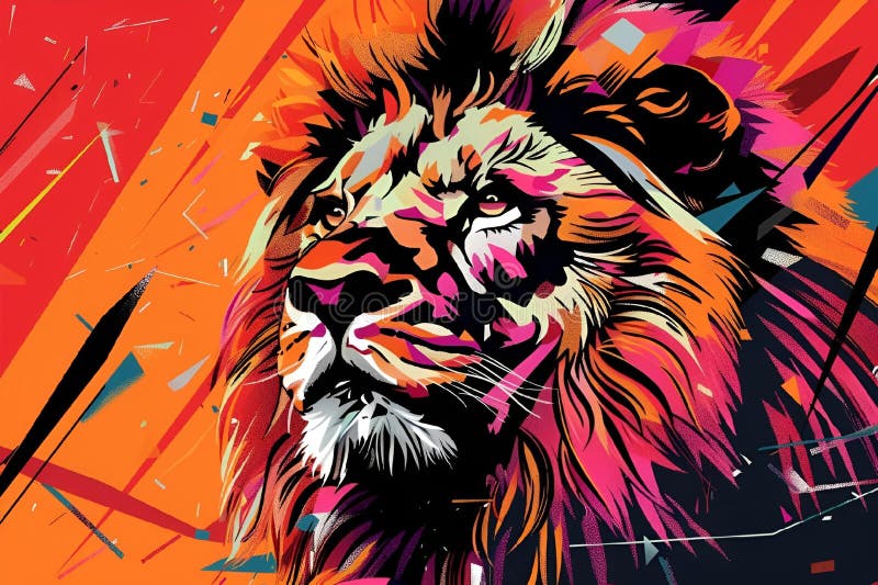 AI Generated Illustration of a Lion Against Vibrant Orange, Black and ...