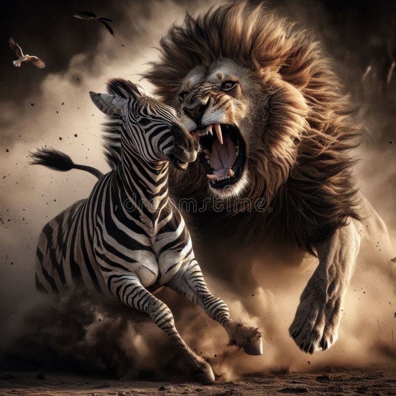 AI Generated Illustration of a Lion Attacking a Zebra Stock Photo ...