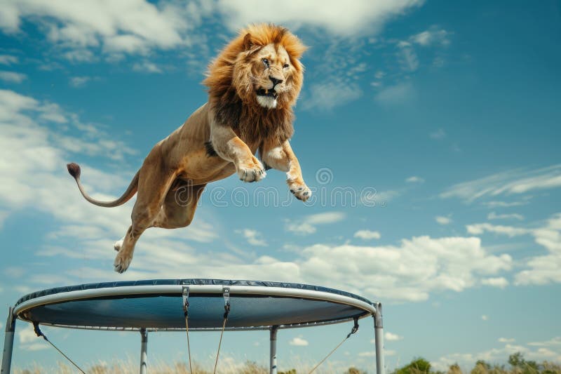 A Lion Mid-jump on a Trampoline Under a Clear Blue Sky with Scattered ...