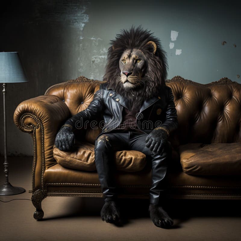 AI Generated Illustration of Lion Wearing Human Costume and Sitting on ...