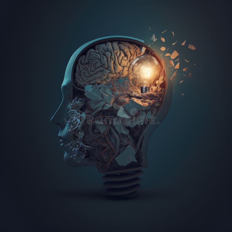 AI Generated Illustration of a Lit Light Bulb Inside a Human Head Side ...