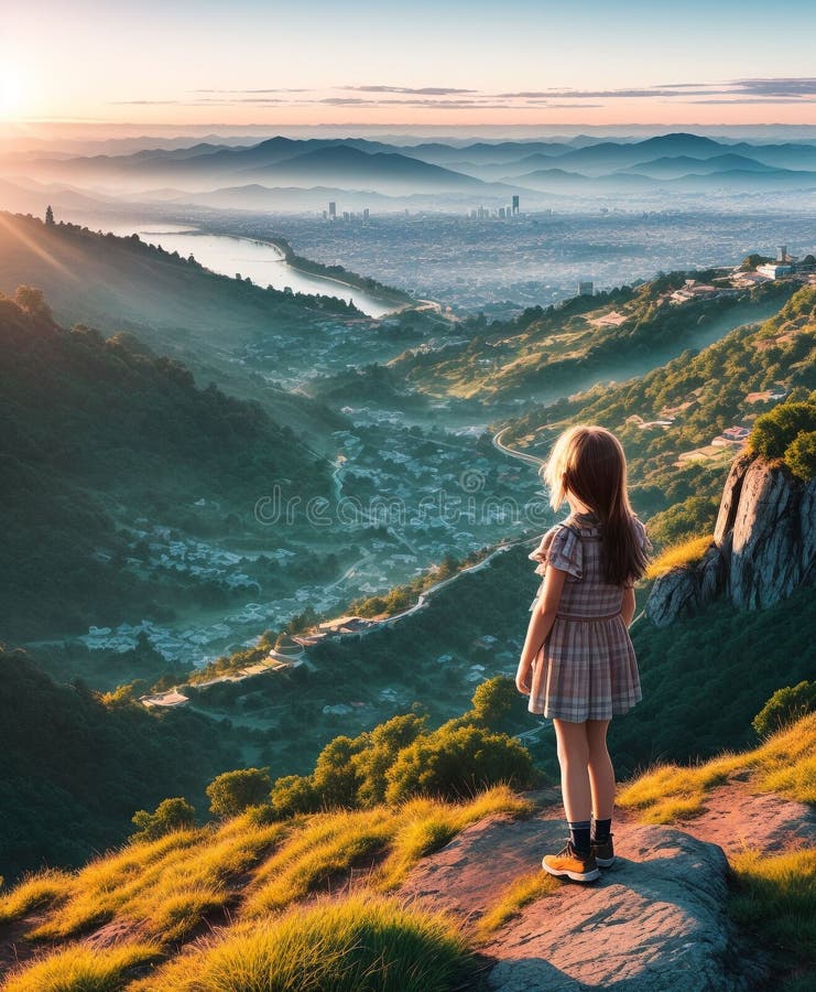AI Generated Illustration of a Little Girl Standing Over a Cliff with a ...