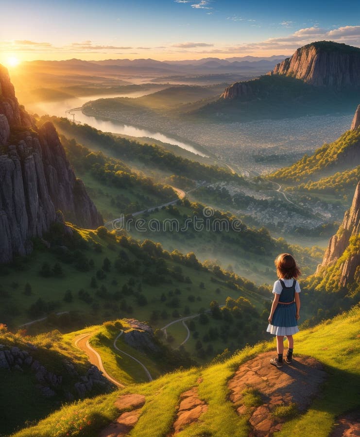 AI Generated Illustration of a Little Girl Standing Over a Cliff with a ...