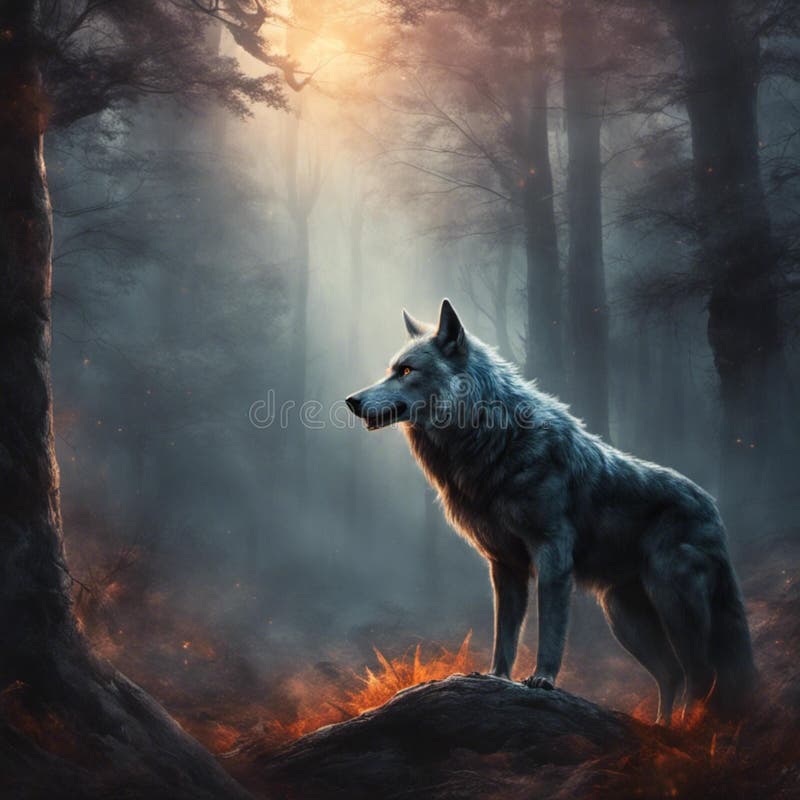 AI Generated Illustration of a Lone Wolf in a Deep, Dark Forest with the Warm Rays of the Sun ...