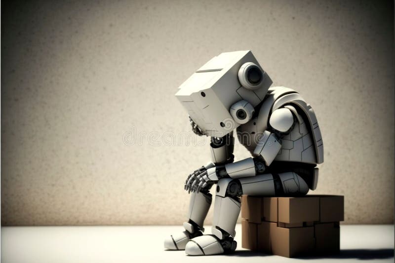 AI-generated Illustration of a Lonely Sad Robot Sitting on a Box. Stock ... AI-generated Illustration of a Lonely Sad Robot Sitting on a Box. Stock ...