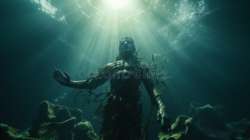 AI Generated Illustration of a Lost Ancient Statue Under the Sea Stock ...