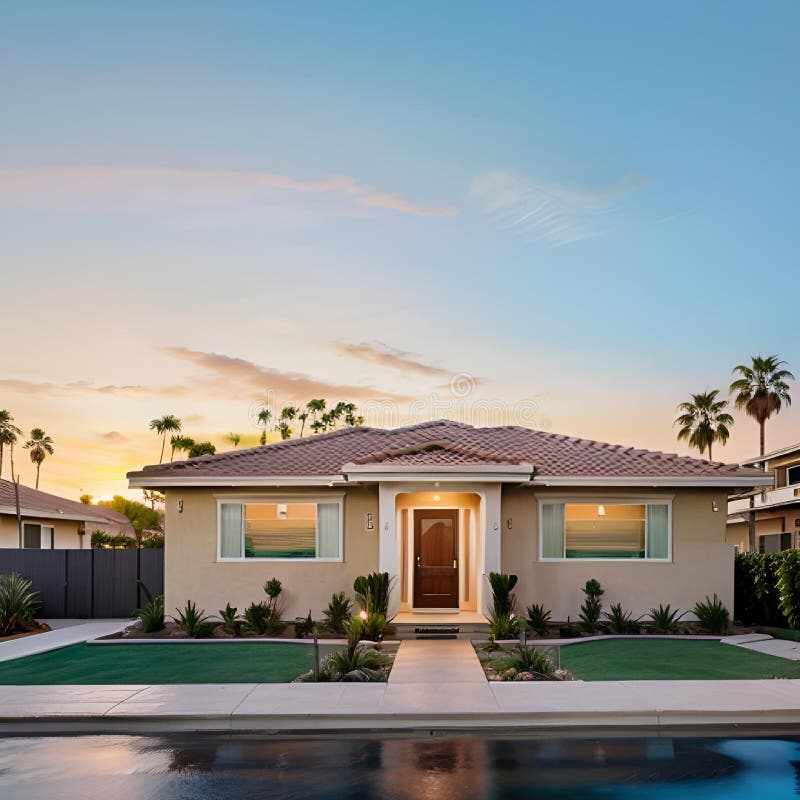 AI Generated Illustration of a Lovely Home by a Pool at Sunset in ...
