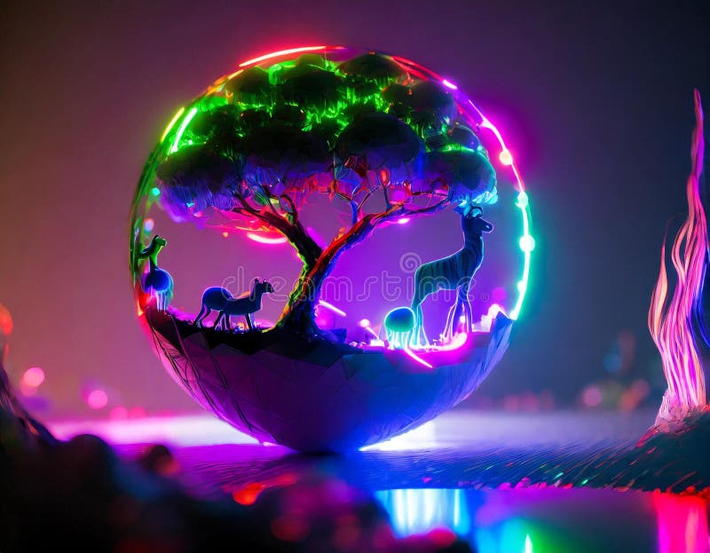 AI Generated Illustration of a Luminous Sphere with Animals Inside on a ...