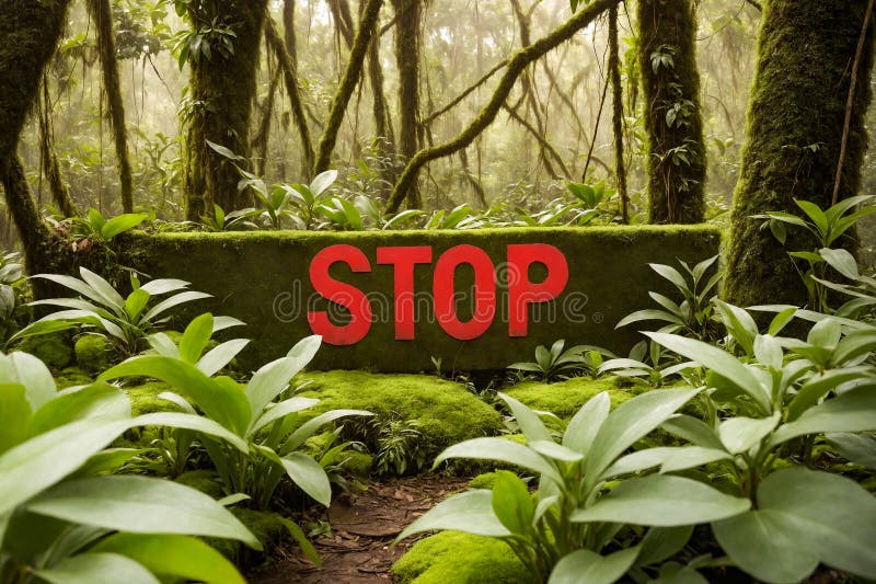 AI-generated Illustration of Lush Moss-covered "STOP" Sign with Trees ...