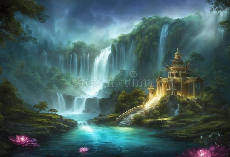 AI Generated Illustration of a Lush Tropical Jungle Setting Featuring a ...