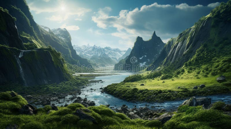 AI Generated Illustration of a Lush Valley, Surrounded by Jagged ...
