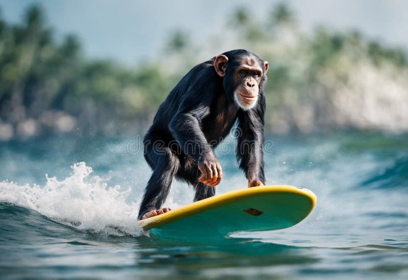 AI Generated Illustration of a Macaque Monkey Atop a Cresting Wave in a ...