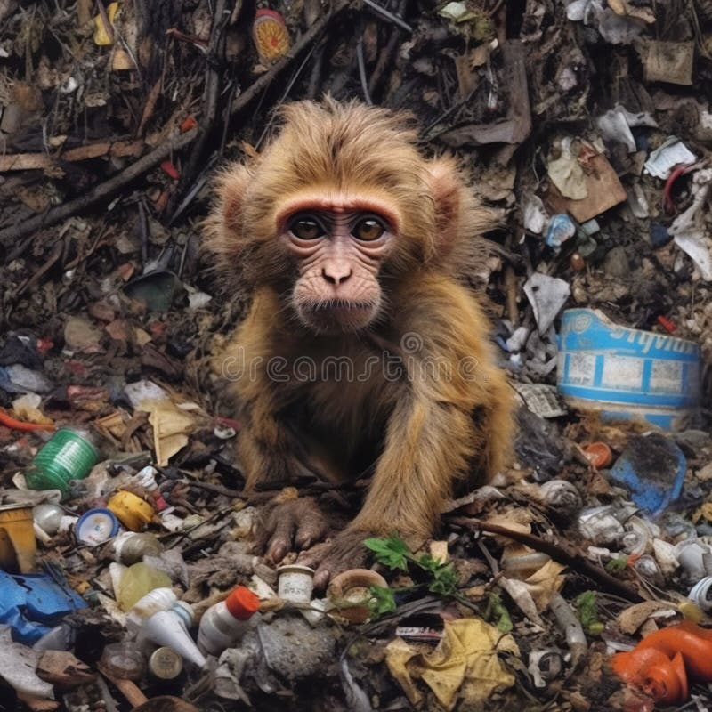 AI Generated Illustration of a Macaque Monkey on a Mound of Rubbish in ...