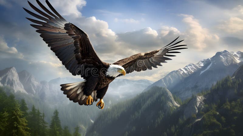AI Generated Illustration of a Majestic Bald Eagle in Mid-flight Over Rugged Mountain Peaks ...