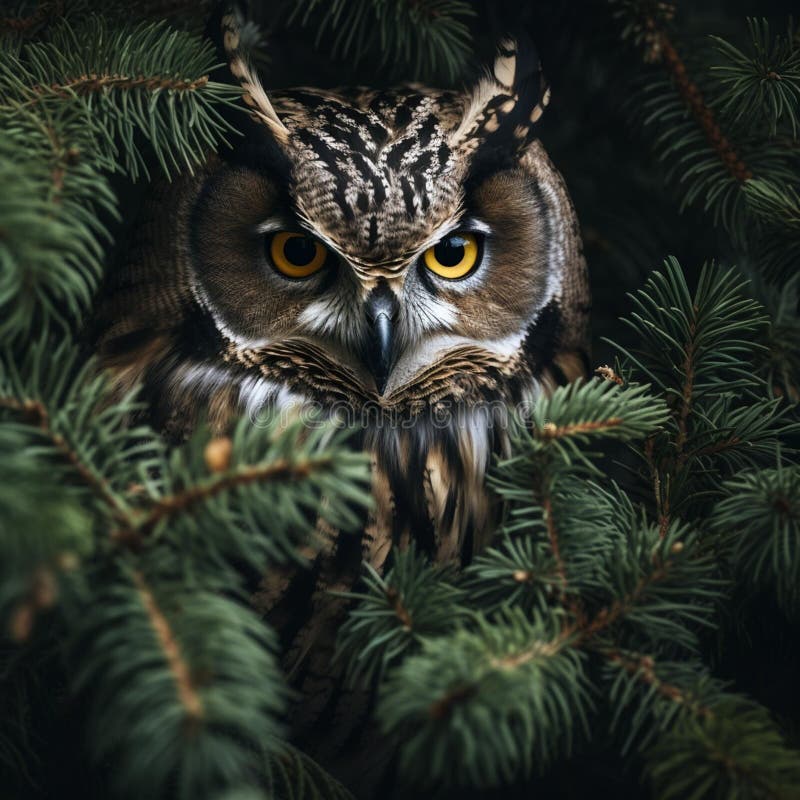 AI Generated Illustration of a Majestic Owl Perched in a Pine Tree ...