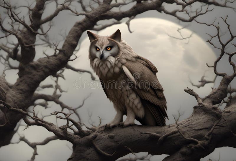 AI Generated Illustration of a Majestic Owl Perched on a Tree Branch ...