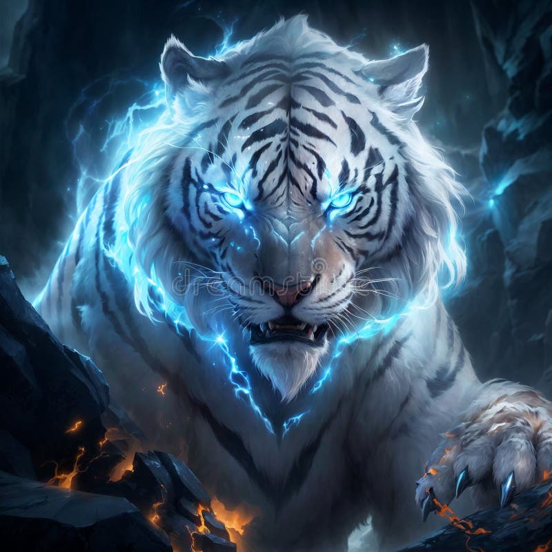 AI Generated Illustration of a Majestic White Tiger with Striking Blue ... AI Generated Illustration of a Majestic White Tiger with Striking Blue ...