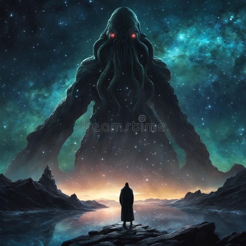AI Generated Illustration of a Man Beneath a Night Sky with a Menacing ...