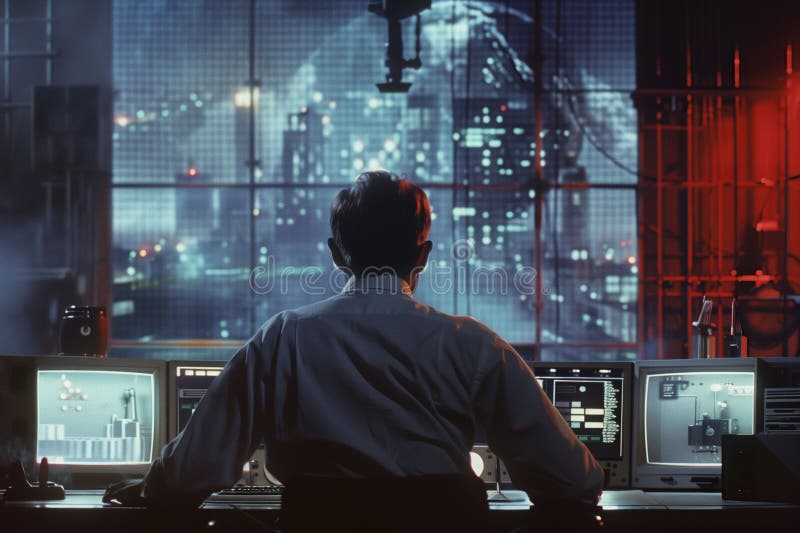 AI-generated Illustration of a Man at a Control Center with Multiple ...