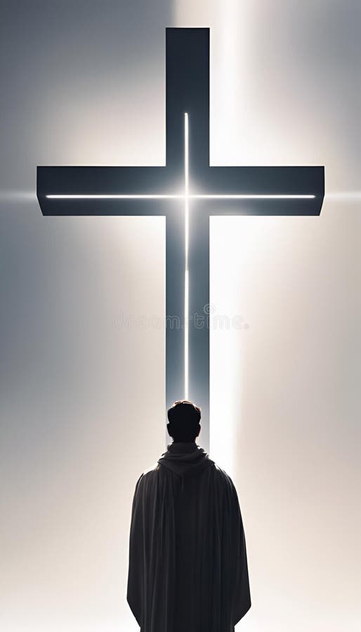 AI Generated Illustration of a Man in Front of a Cross with a Beam of ...
