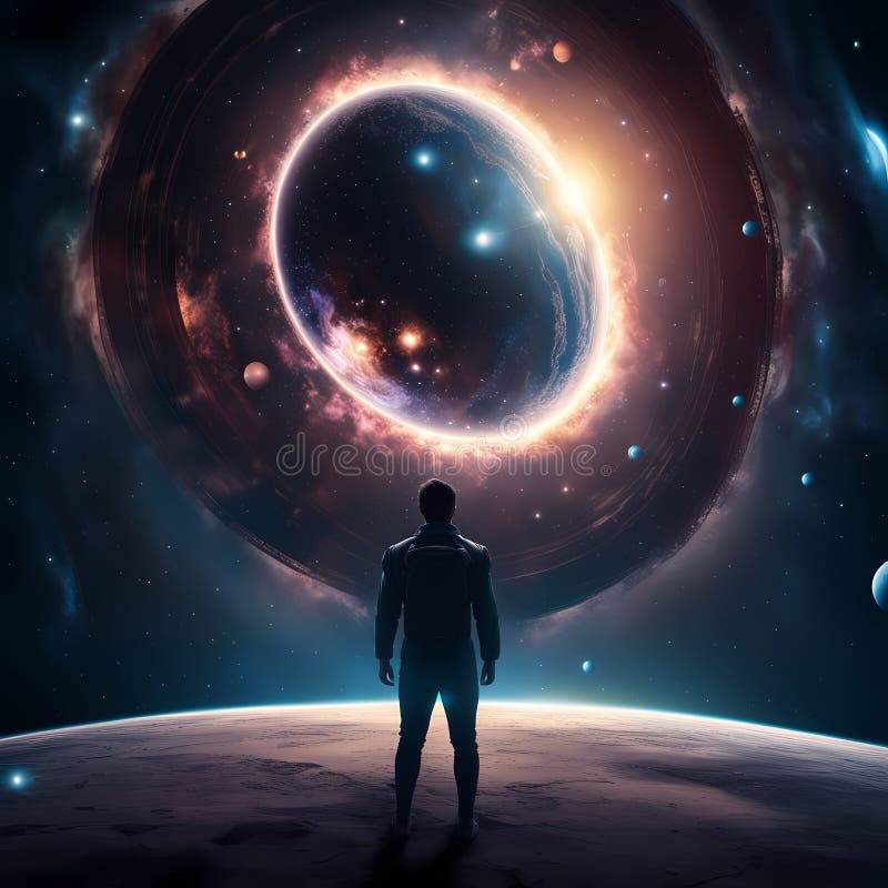 AI Generated Illustration of a Man in Front of a Planetary Eclipse in a ...
