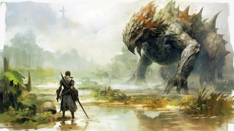 AI Generated Illustration of a Man Holding a Sword Facing a Large ...