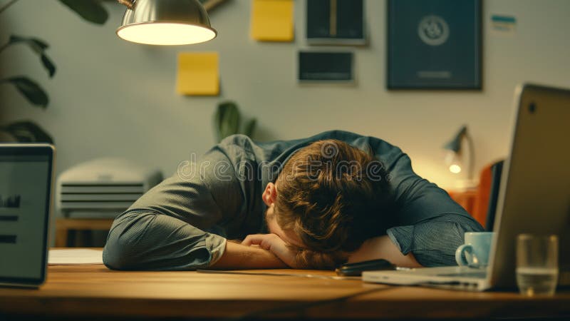 AI Generated Illustration of a Man Napping at His Desk, Head Resting on ...